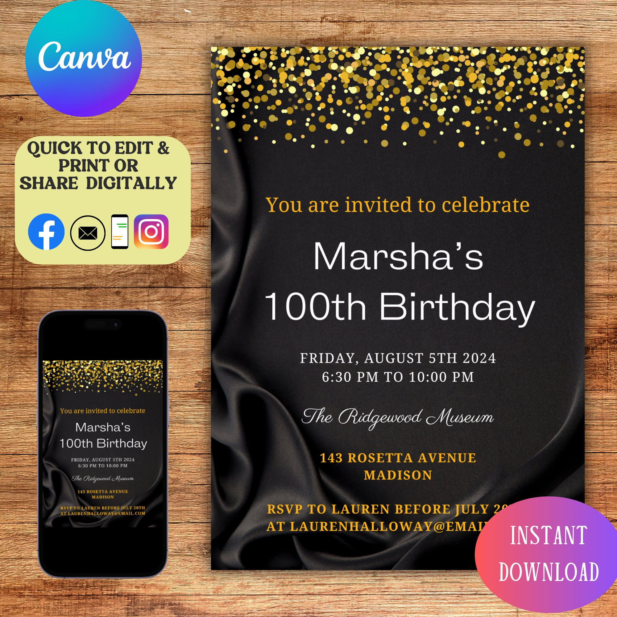 100th Birthday Party Invitation Template With Black and Gold 100 ...