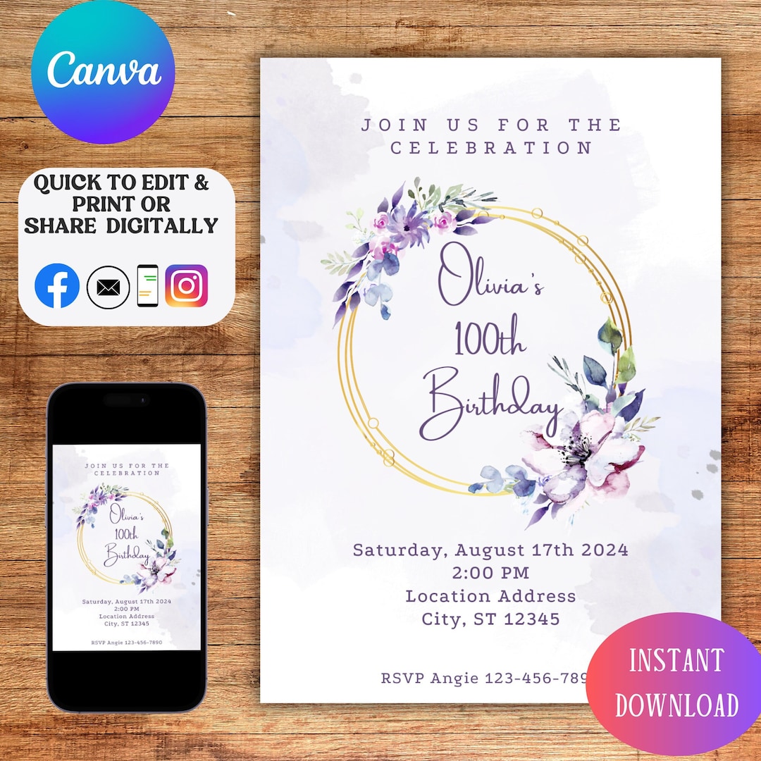 100th Birthday Party Invitation Template With Purple Wildflower | 100 ...
