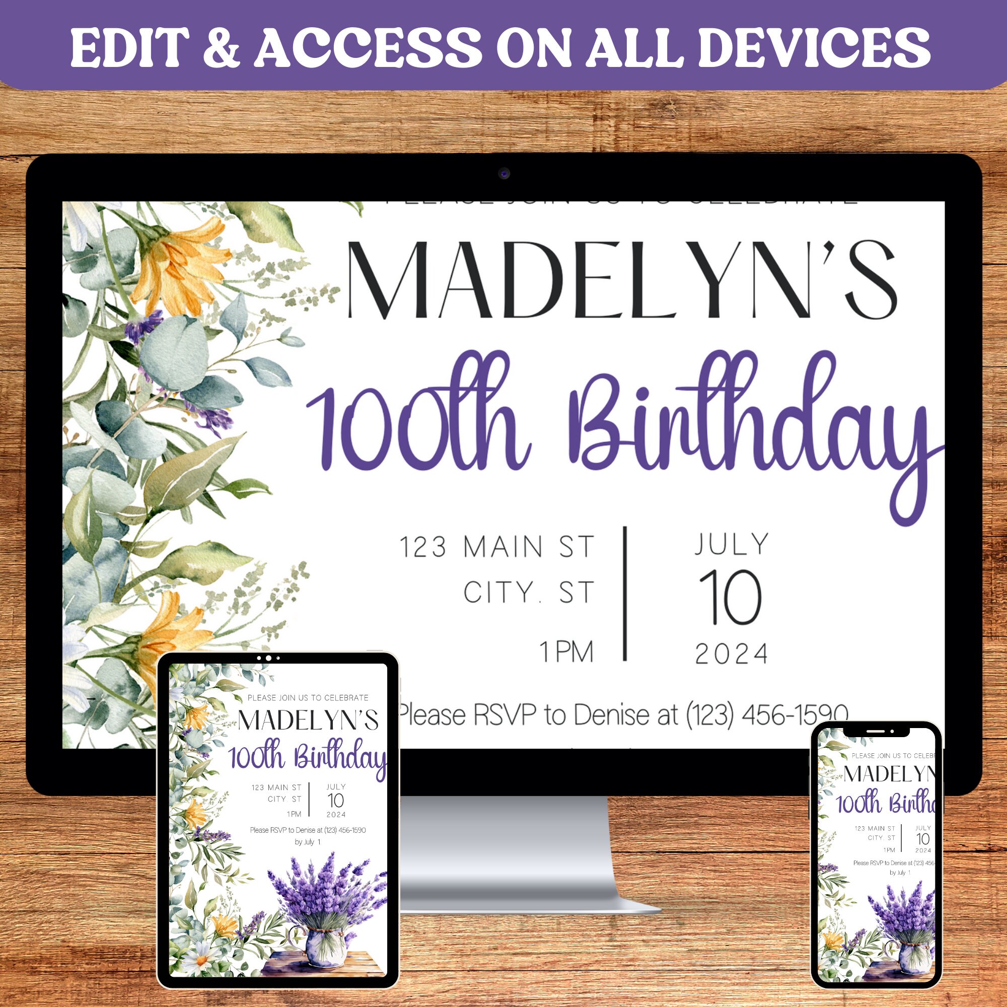 100th Birthday Party Invitation Template With Wildflowers | 100 ...