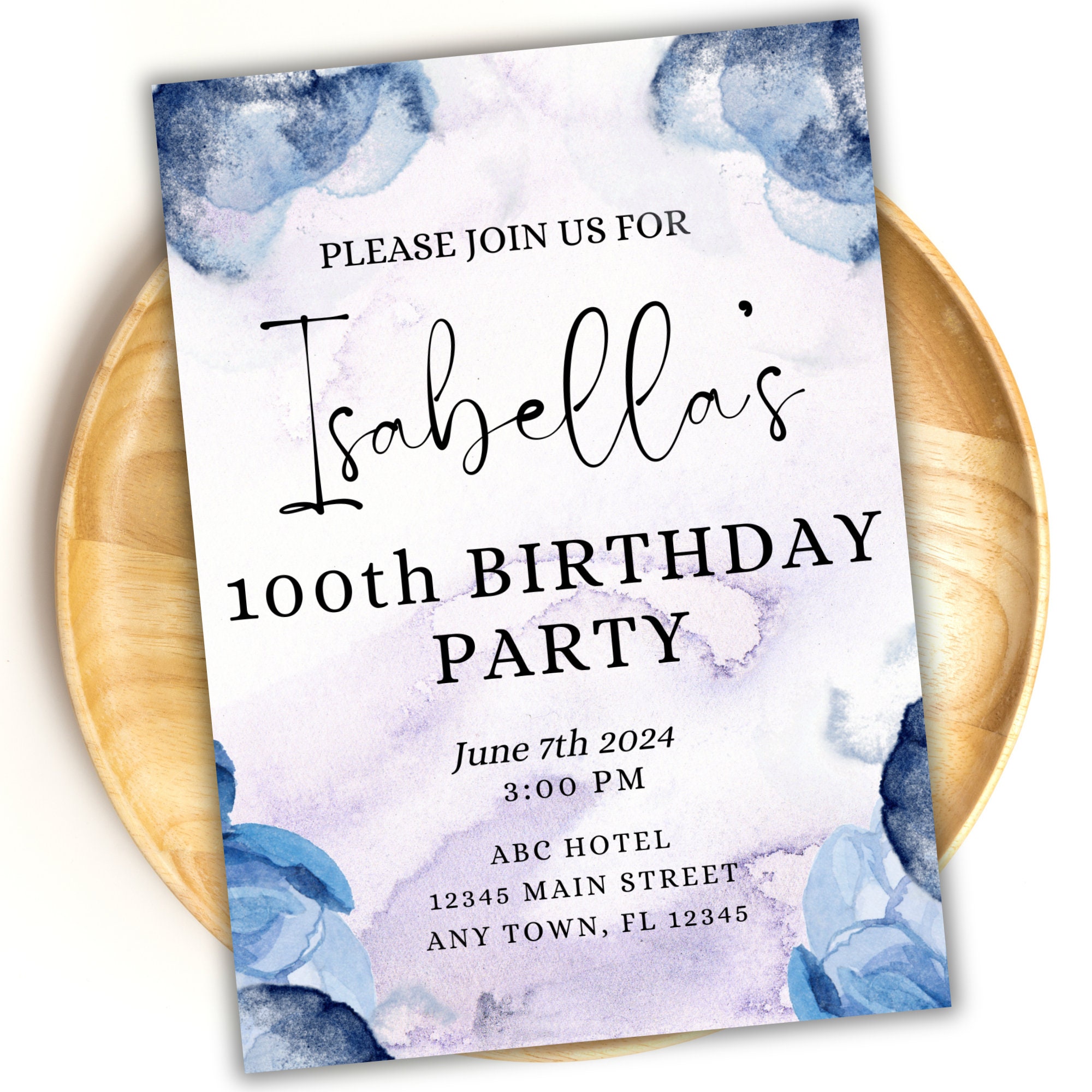 100th Birthday Party Invitation Template With Blue | 100 Birthday ...