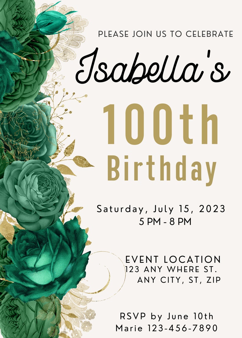 100th Birthday Party Invitation Template With Green and Gold Flowers ...