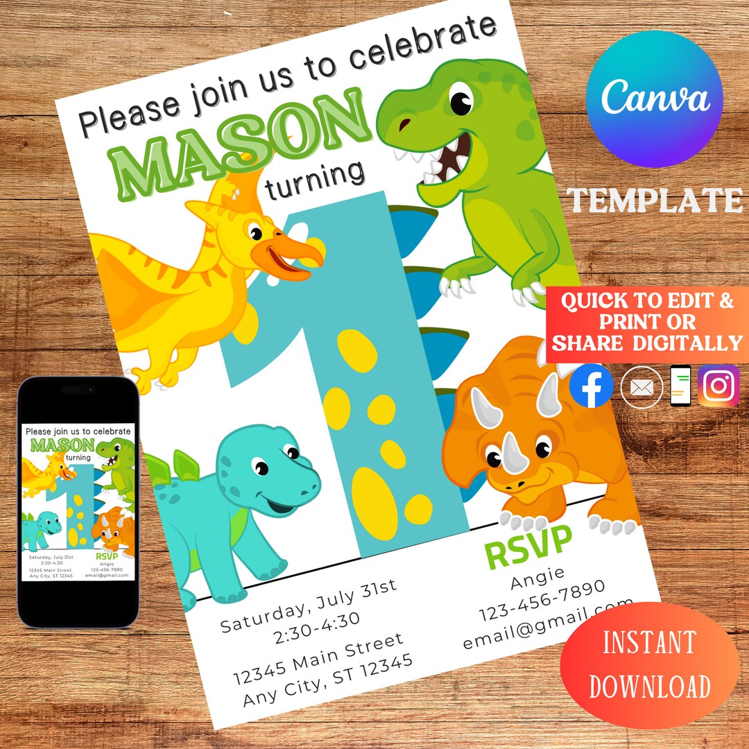 Dino Birthday Invitation Digital Dino Evite Bday Invites - Etsy