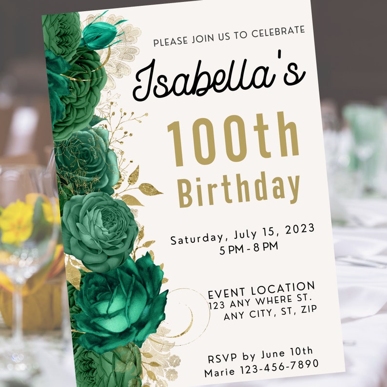 100th Birthday Party Invitation Template With Green and Gold Flowers ...