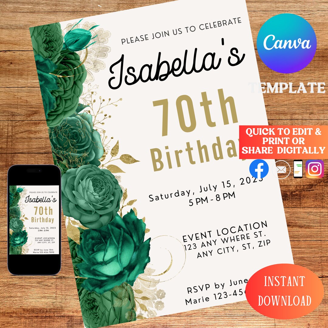 70th Birthday Party Invitation Template With Green Flower Seventy ...