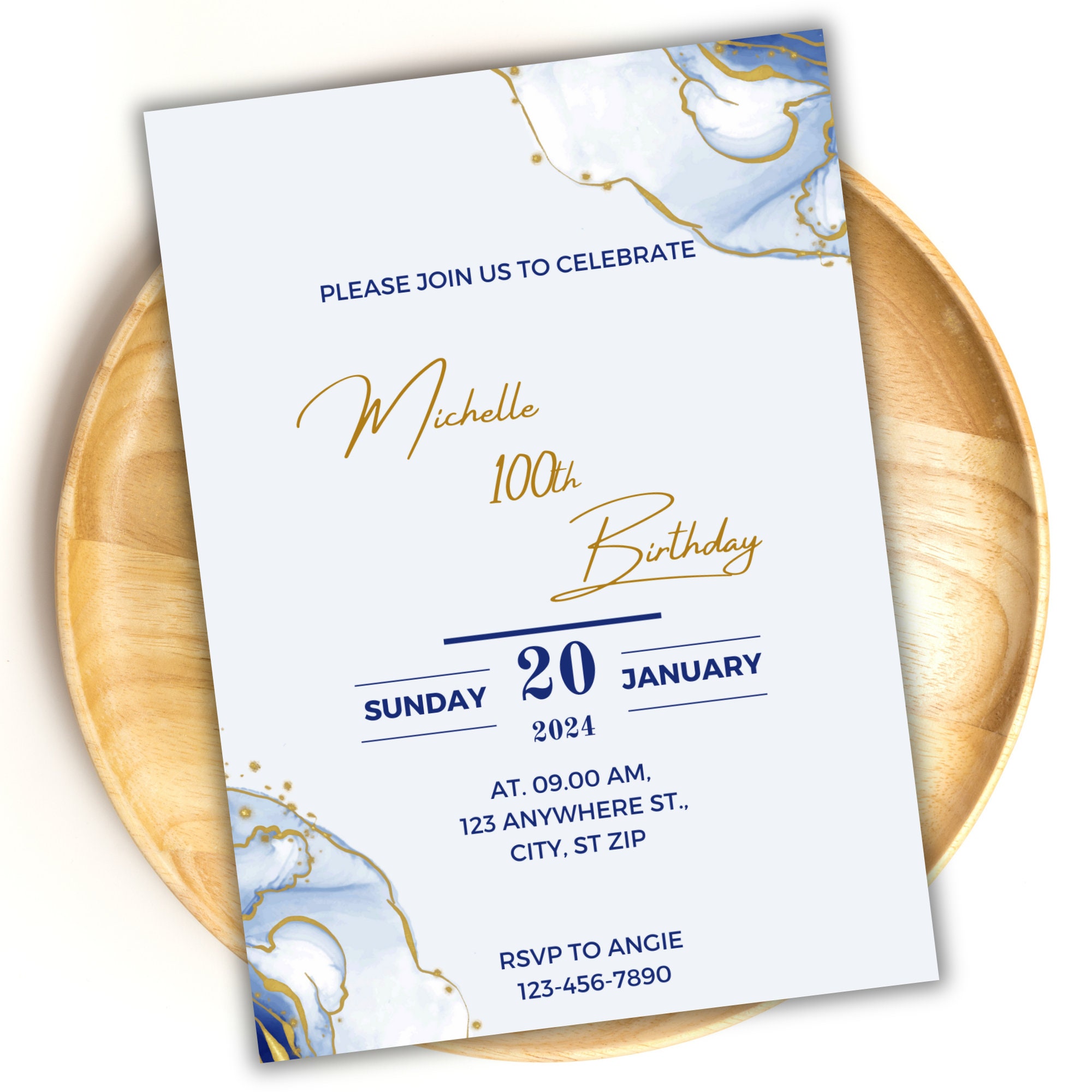 100th Birthday Party Invitation Template With Blue and Gold 100 ...