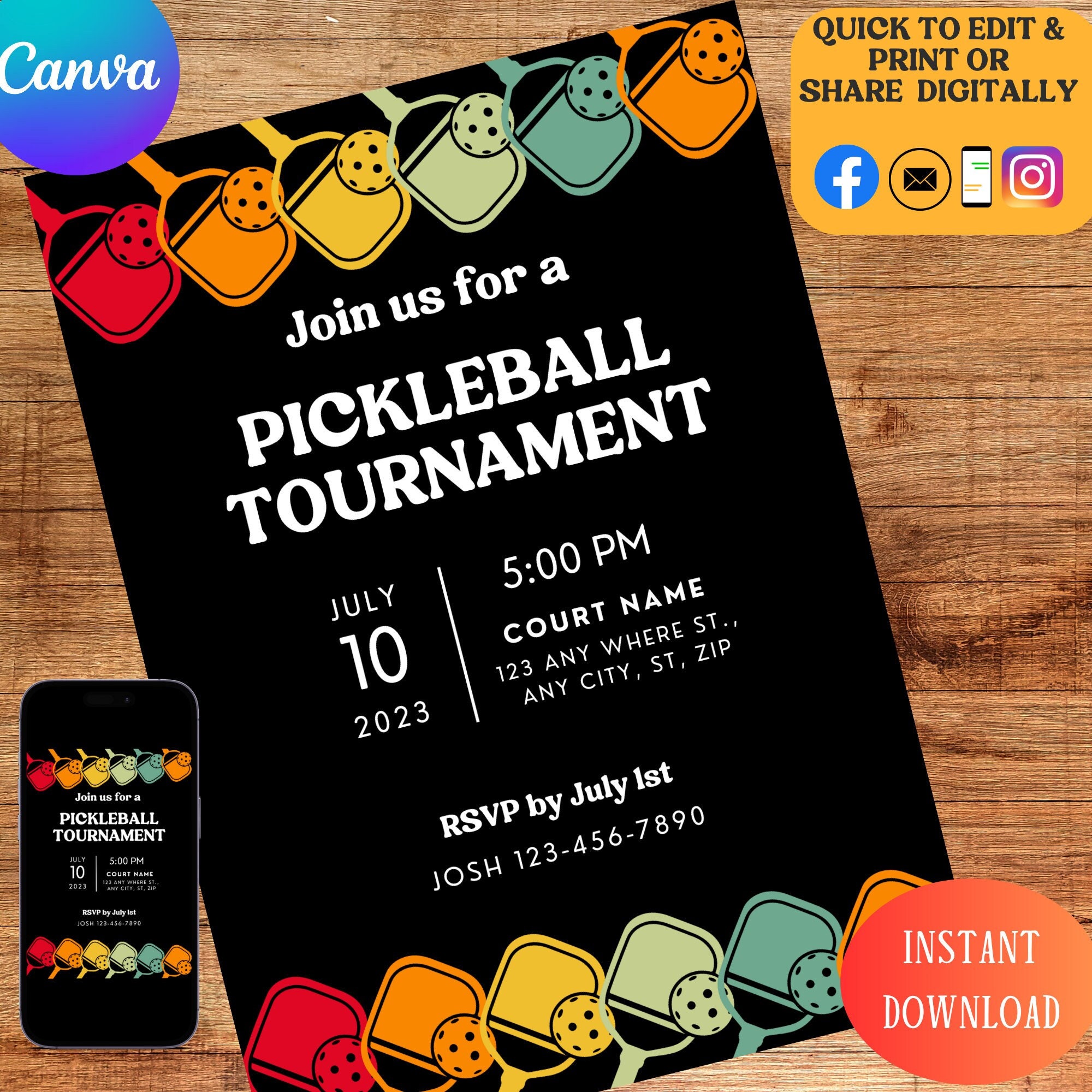 Digital Pickleball Invitation Template | Pickle Ball Party Invitation ...