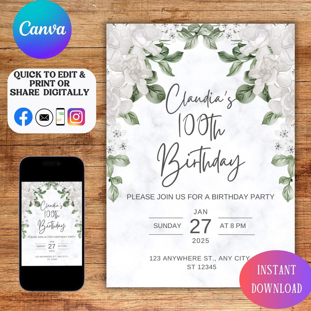 100th Birthday Party Invitation Template With Greenery | 100 Birthday ...