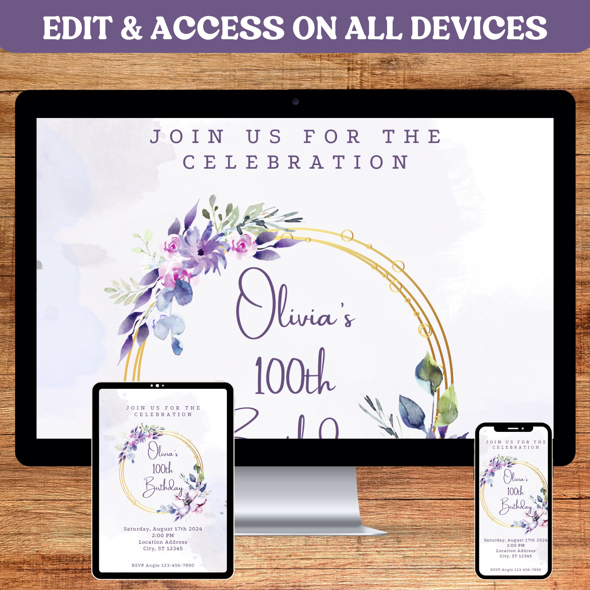 100th Birthday Party Invitation Template With Purple Wildflower | 100 ...
