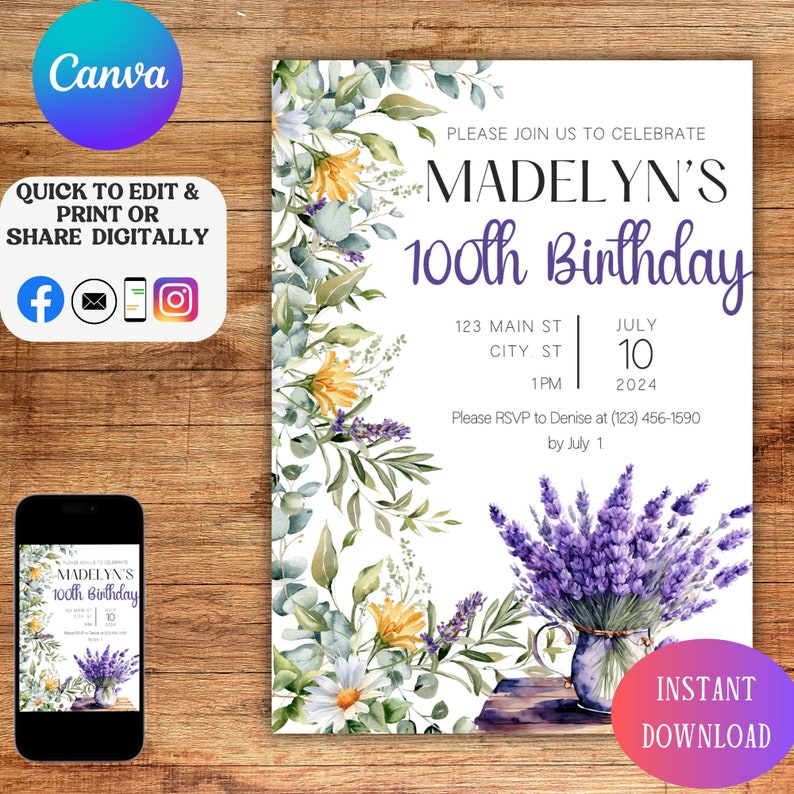 100th Birthday Party Invitation Template With Wildflowers | 100 ...