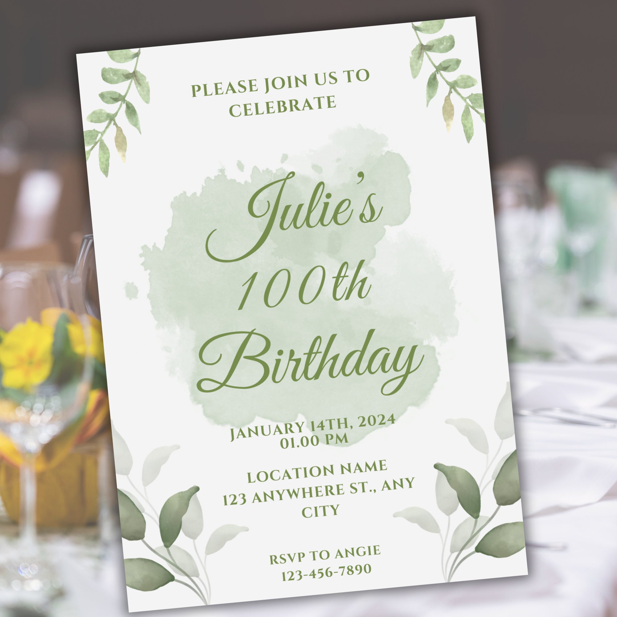 100th Birthday Party Invitation Template With Greenery 100 Birthday ...
