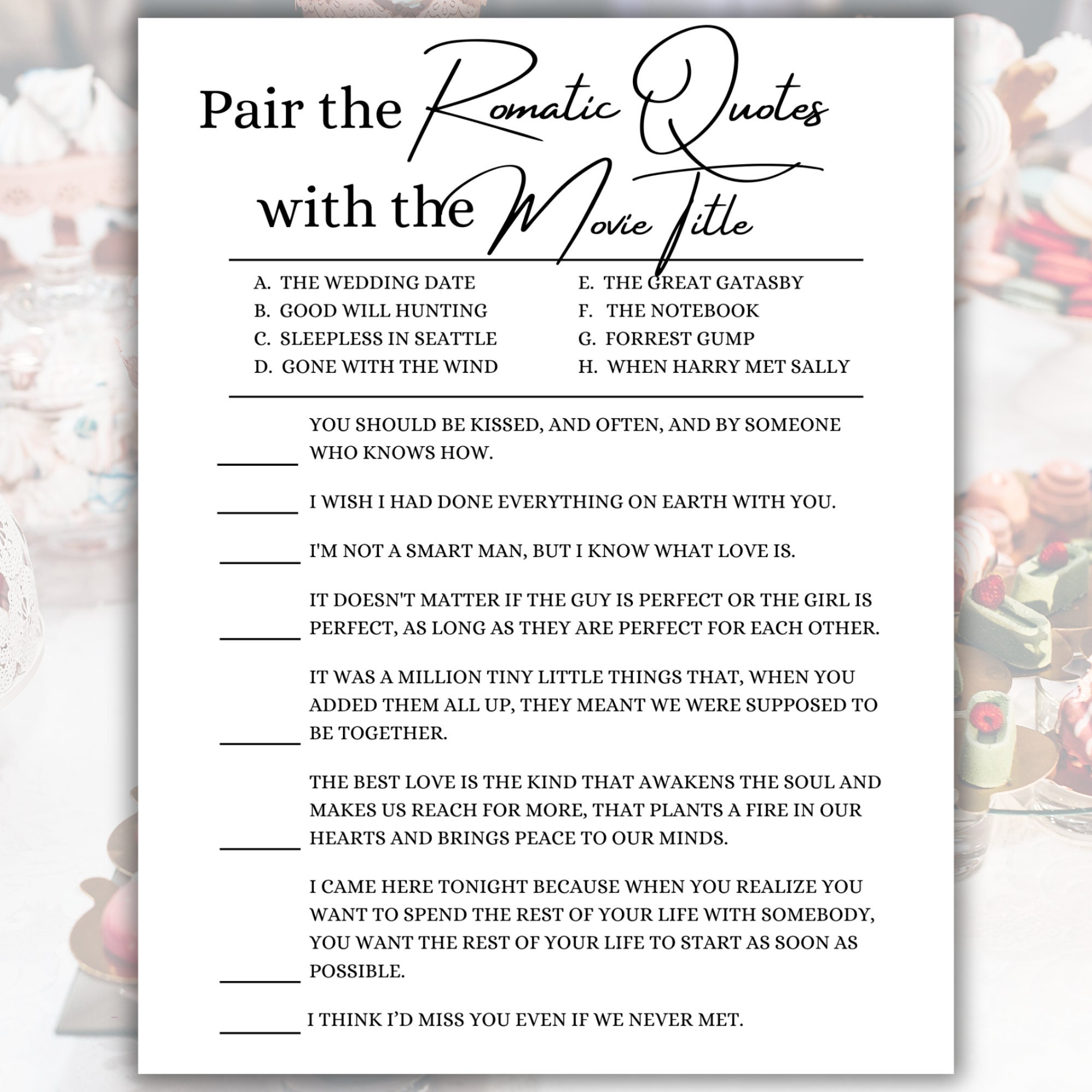Match the Movie Love Quotes Printable Bridal Shower Games Digital ...