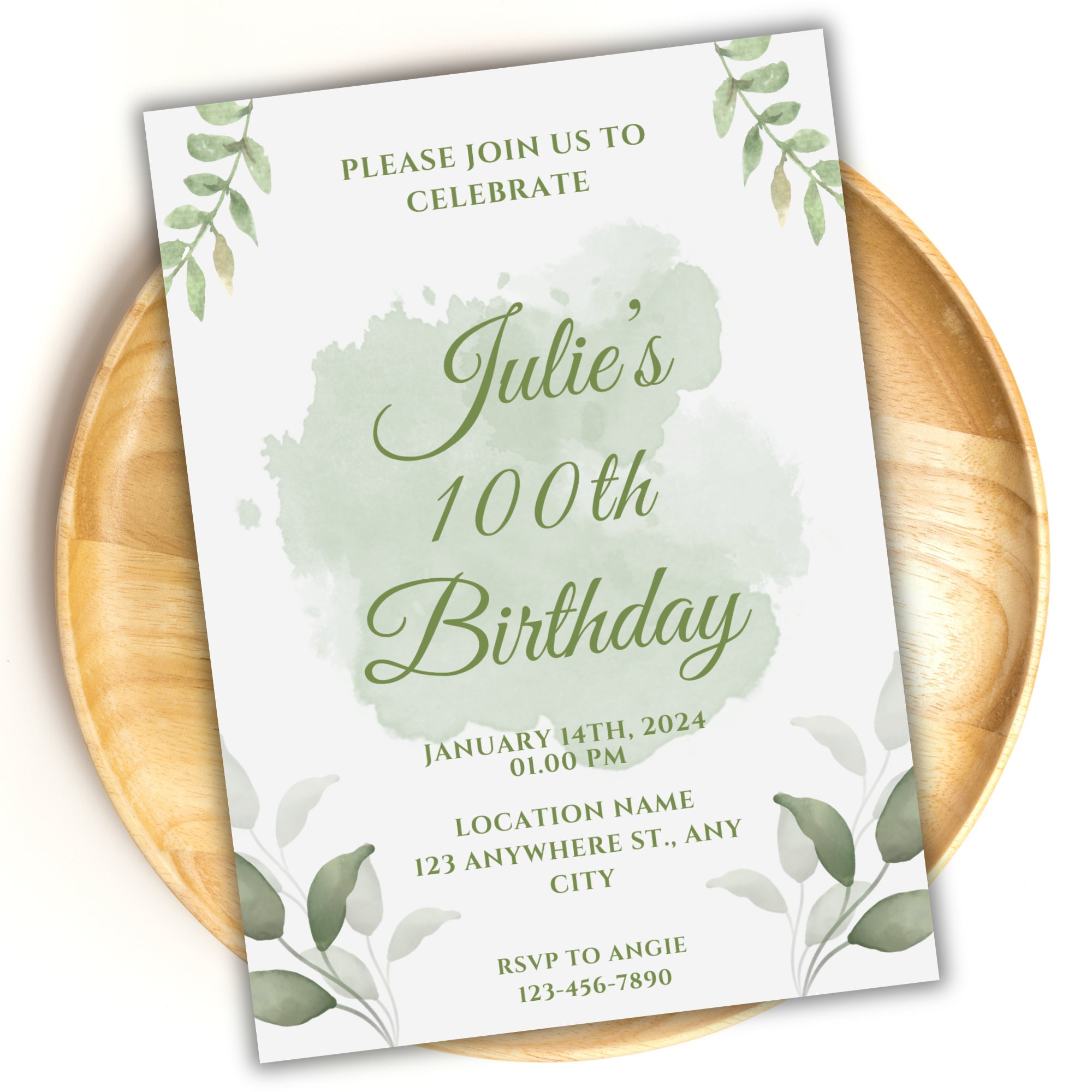 100th Birthday Party Invitation Template With Greenery 100 Birthday ...