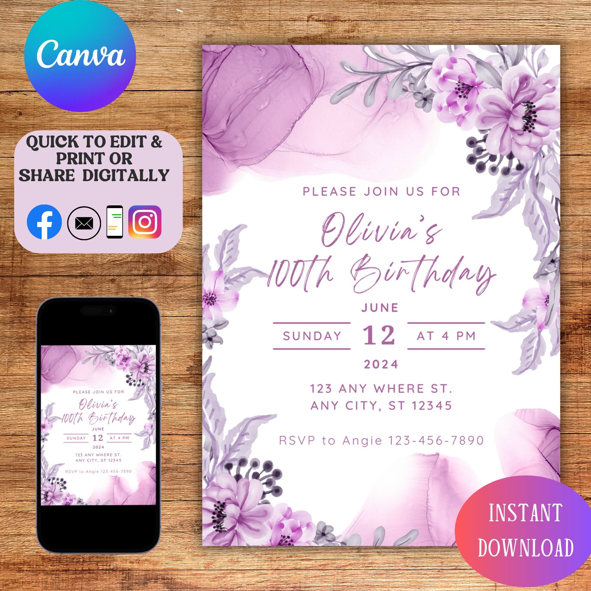 100th Birthday Party Invitation Template With Purple Flowers | 100 ...
