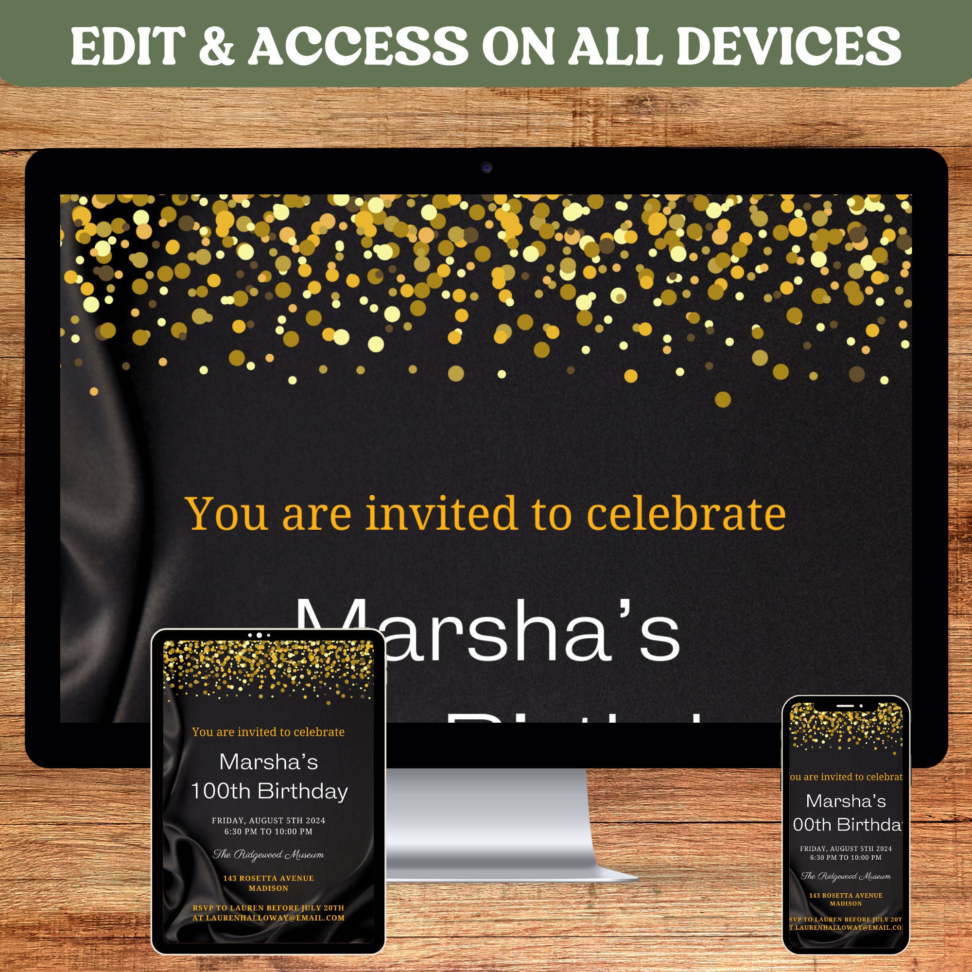 100th Birthday Party Invitation Template With Black and Gold 100 ...