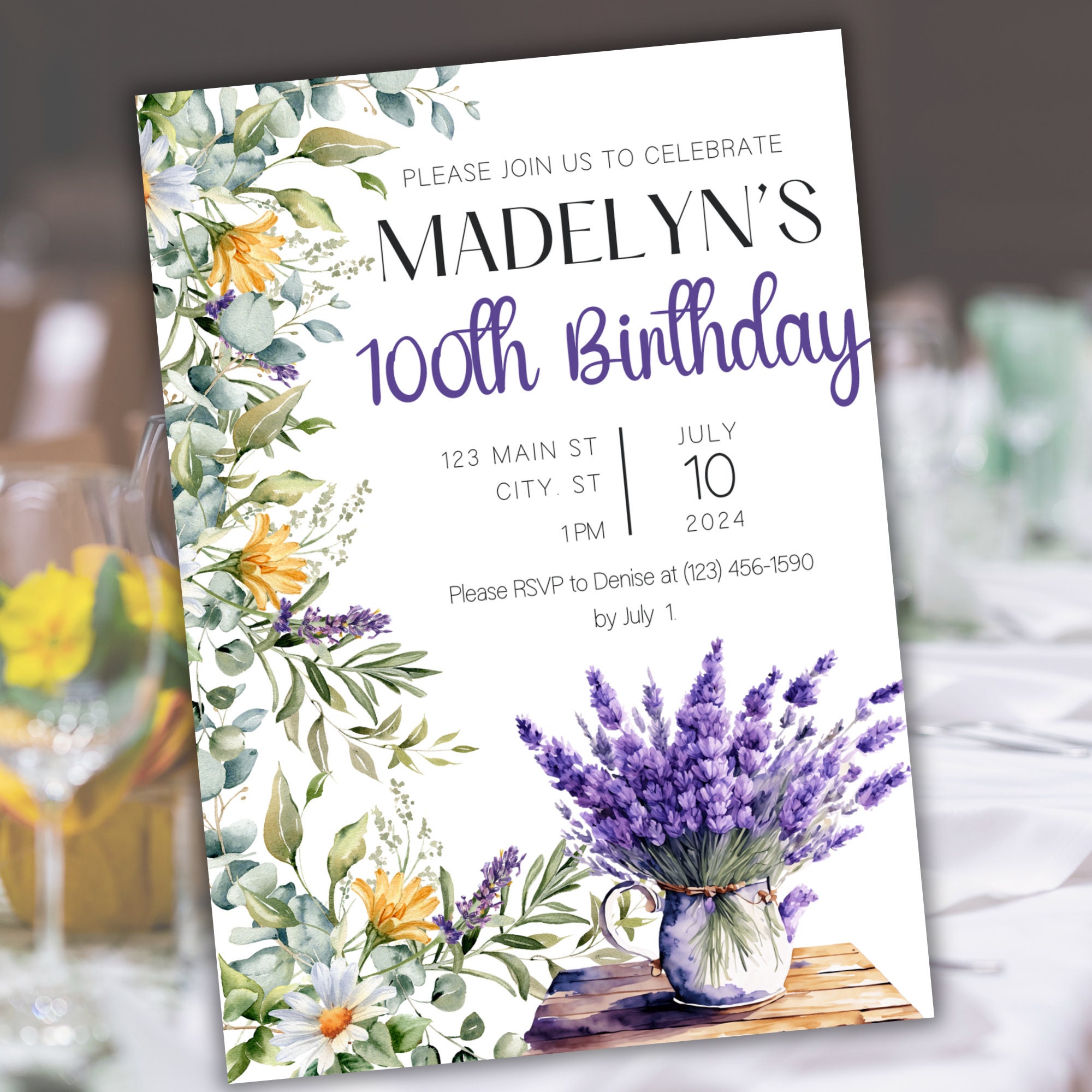 100th Birthday Party Invitation Template With Wildflowers 100 Birthday ...