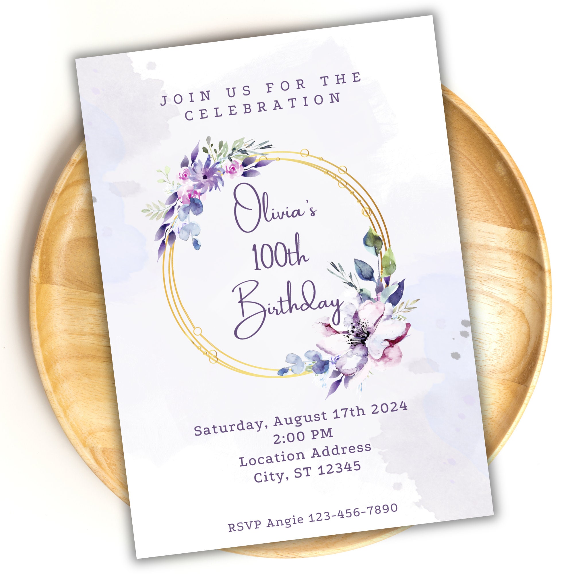 100th Birthday Party Invitation Template With Purple Wildflower | 100 ...