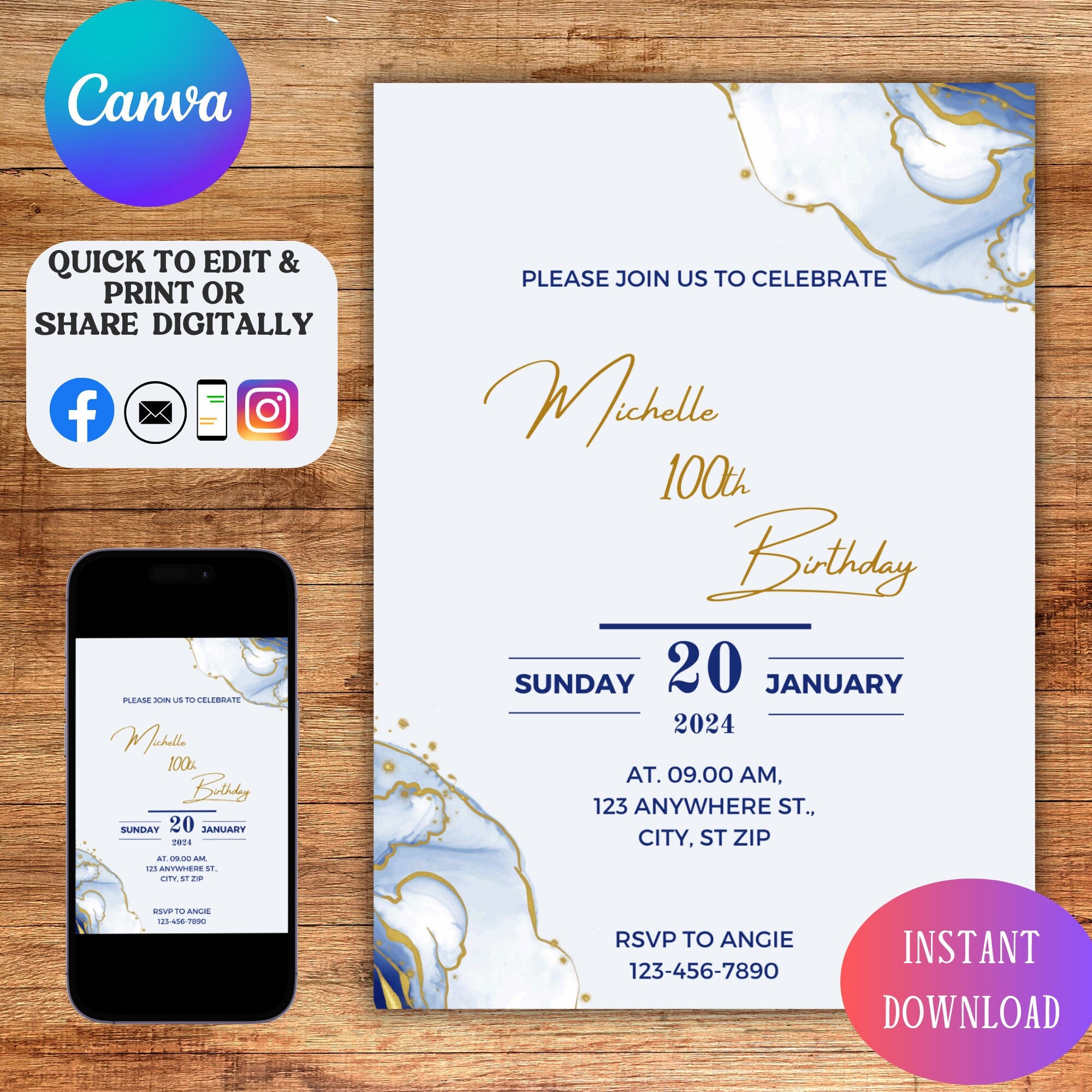 100th Birthday Party Invitation Template With Blue and Gold 100 ...