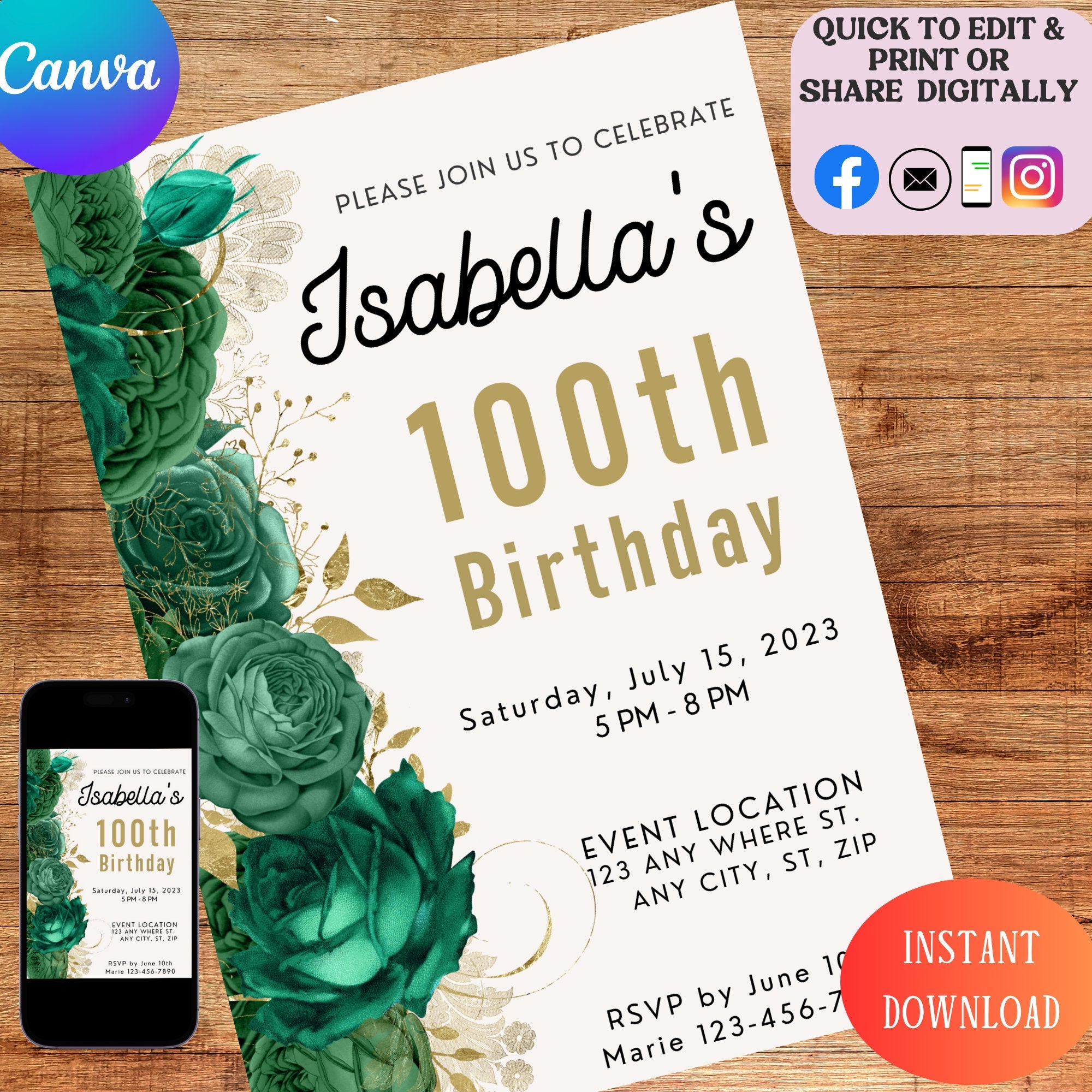 100th Birthday Party Invitation Template With Green and Gold Flowers ...