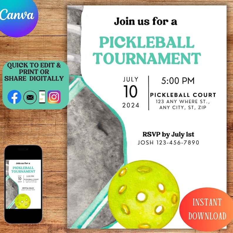 Digital Pickleball Invitation Template Pickle Ball Party Invitation ...