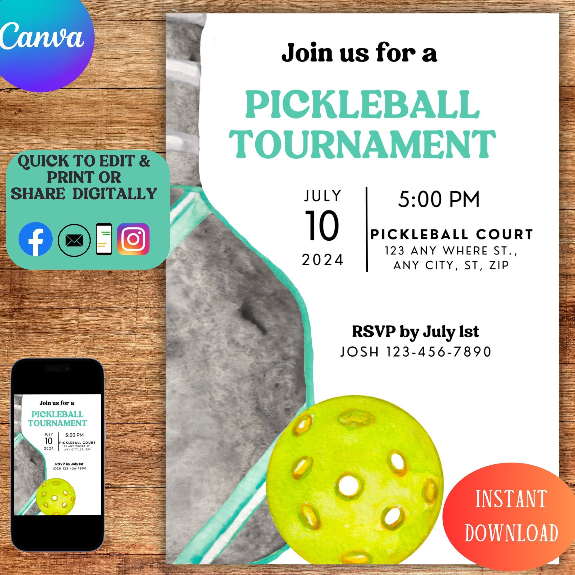 Digital Pickleball Invitation Template | Pickle Ball Party Invitation ...