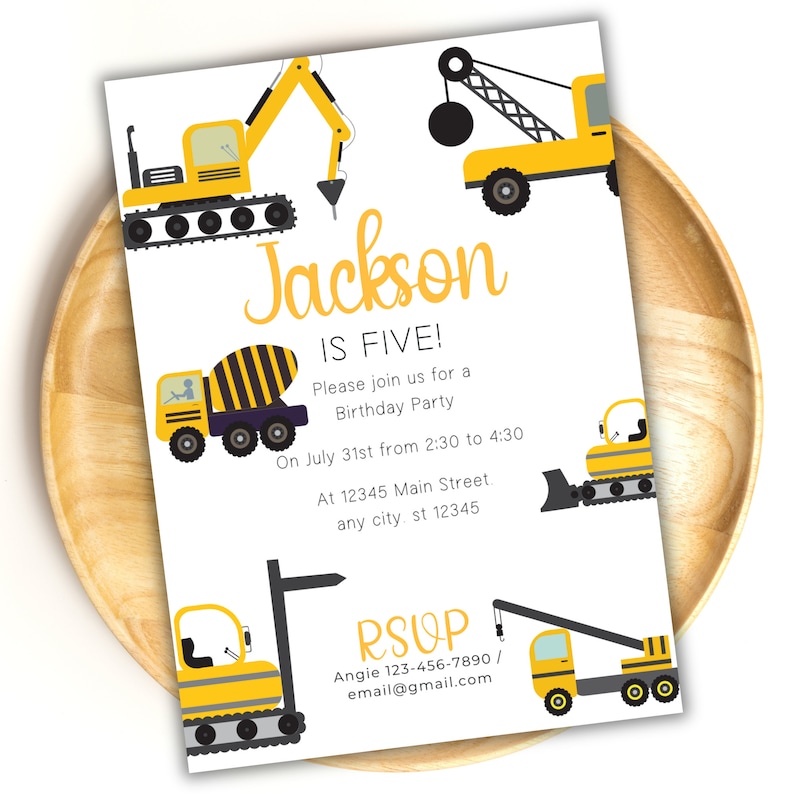 Construction Birthday Invitation: Excavator Crane Theme (digital ...