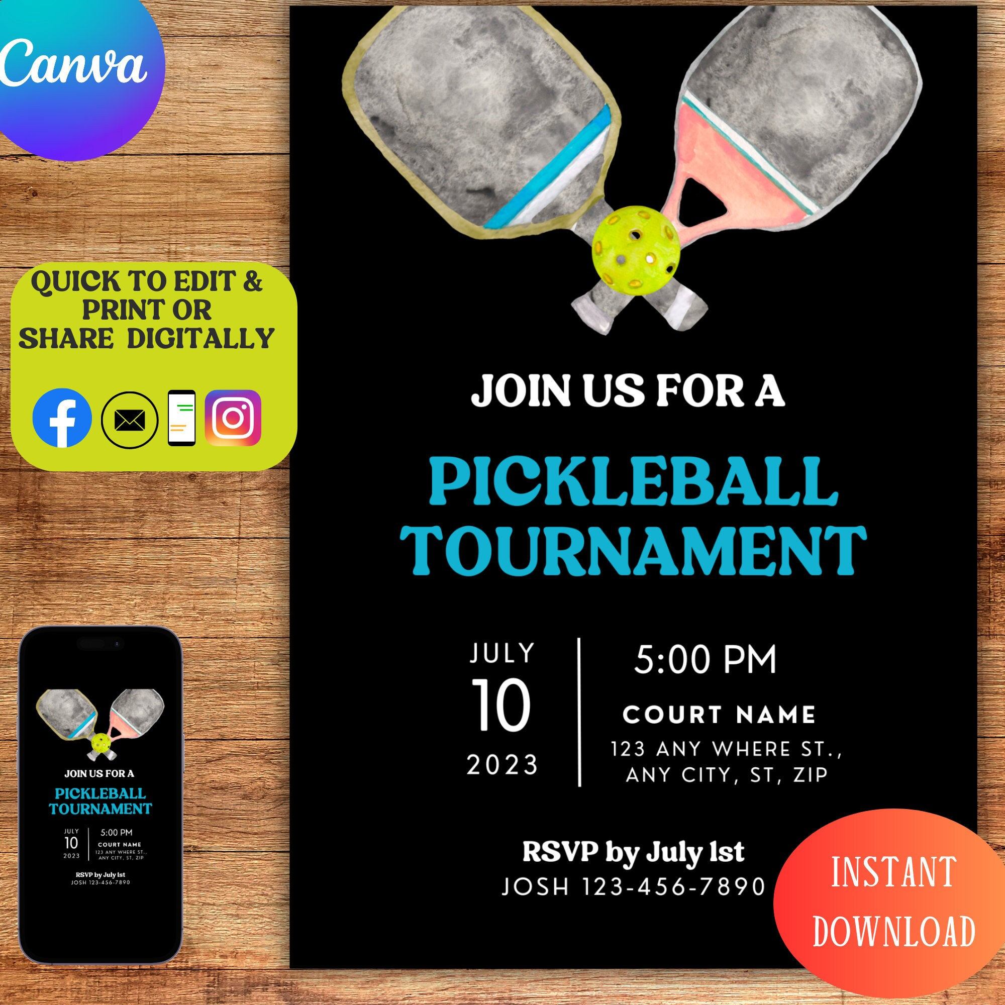 Digital Pickleball Invitation Template | Pickle Ball Party Invitation ...