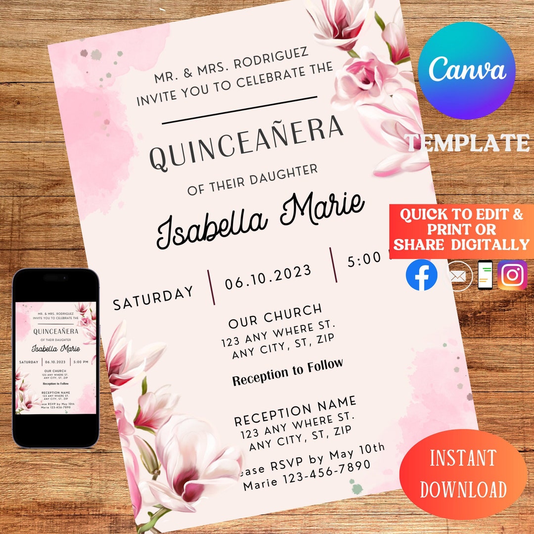 Editable Quinceanera Invitation Template With Pink Flowers Pink ...
