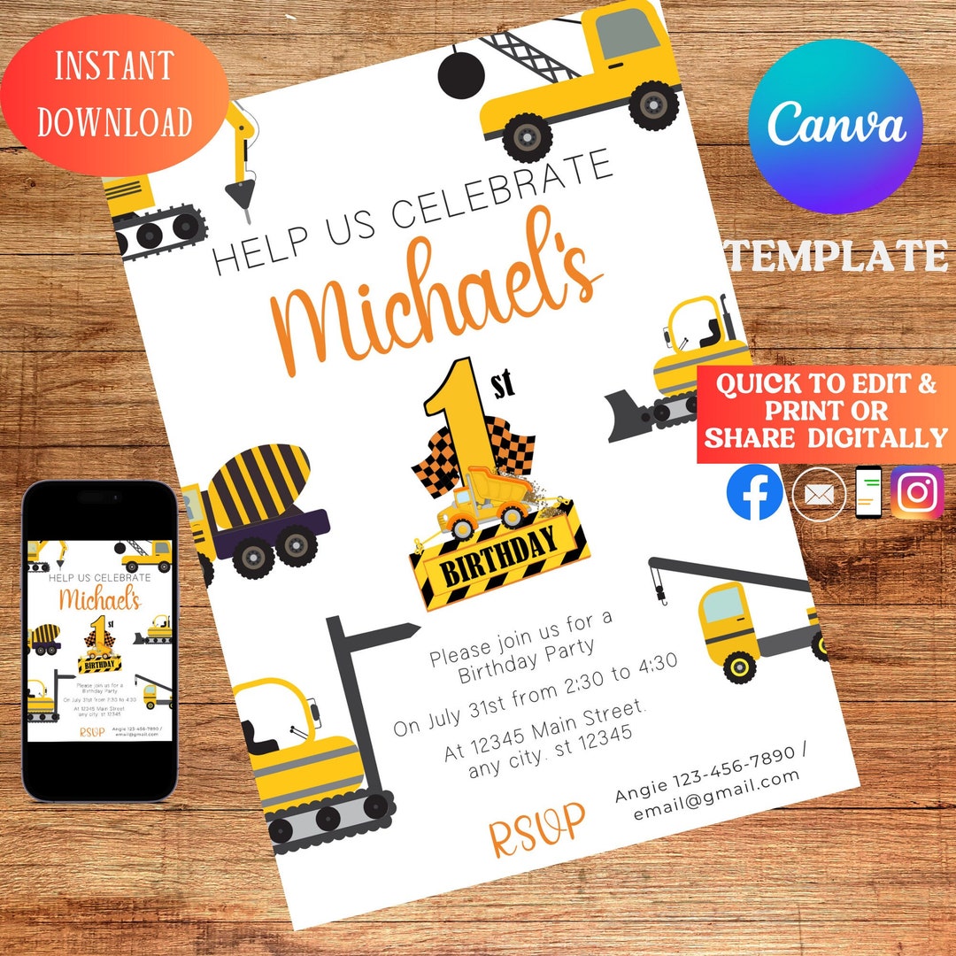 Construction 1st Birthday Boy Invitation Evite Bday Invites Boy First ...