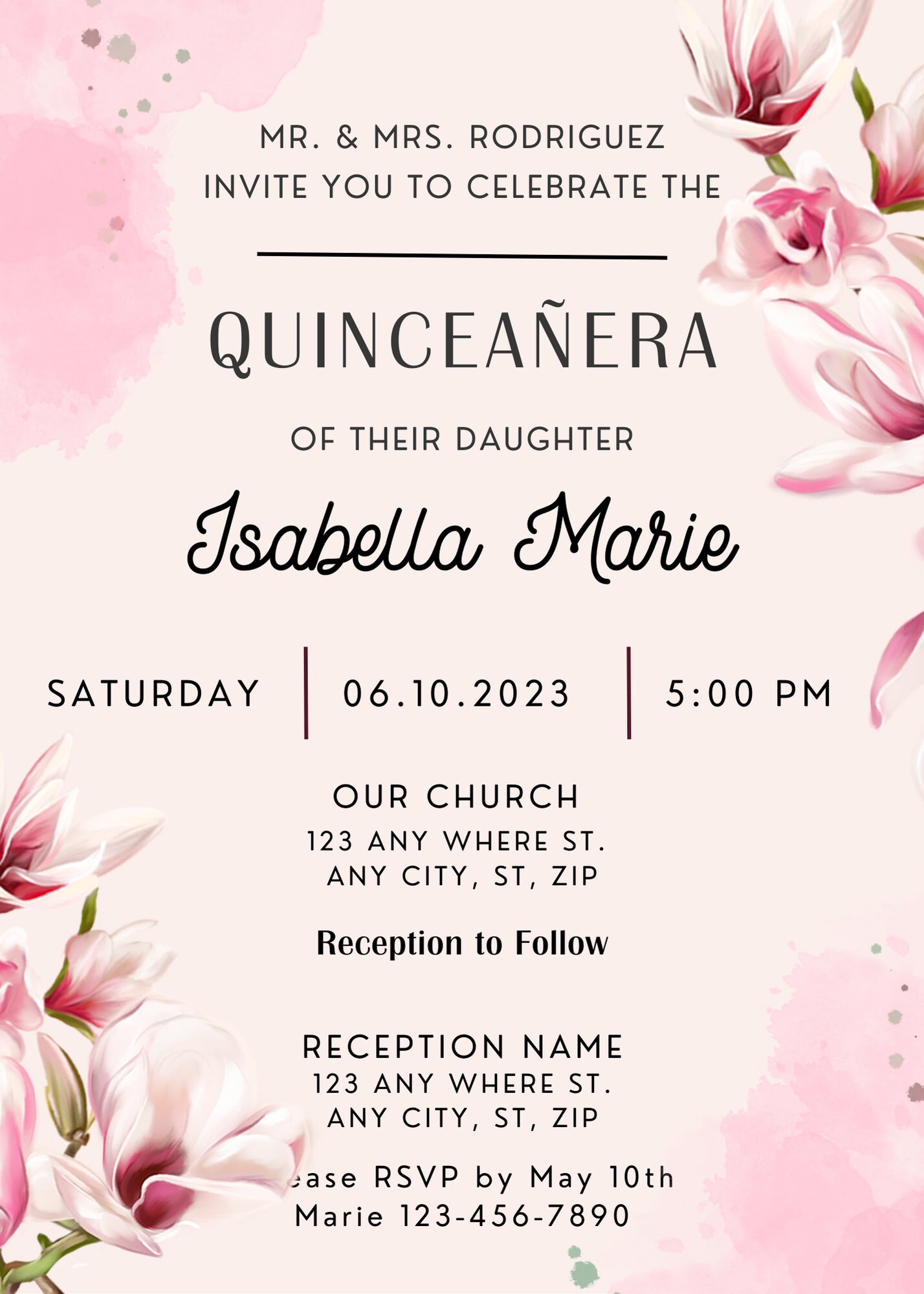 Editable Quinceanera Invitation Template With Pink Flowers Pink ...