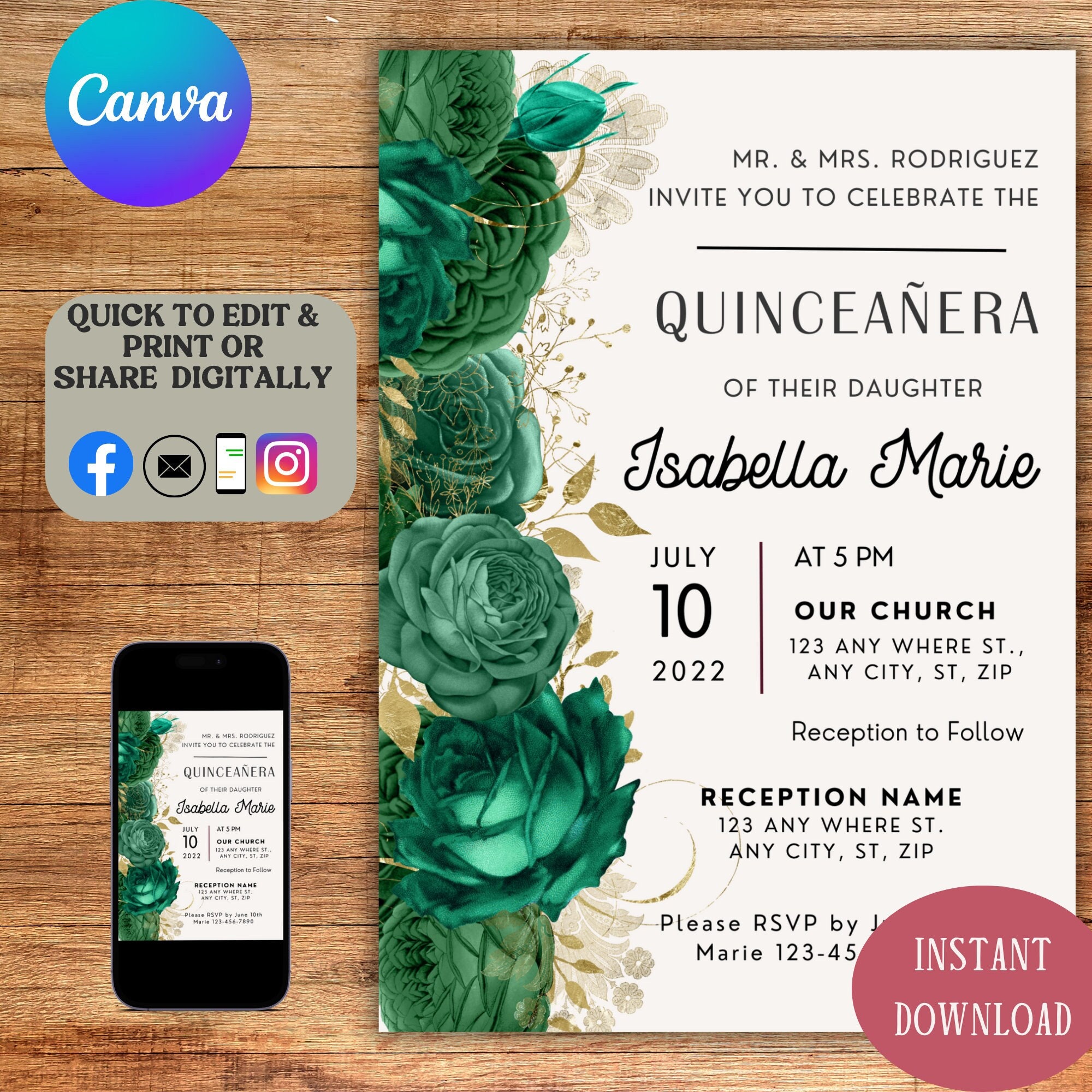 Editable Quinceanera Invitation Template With Emerald Green Flowers and ...