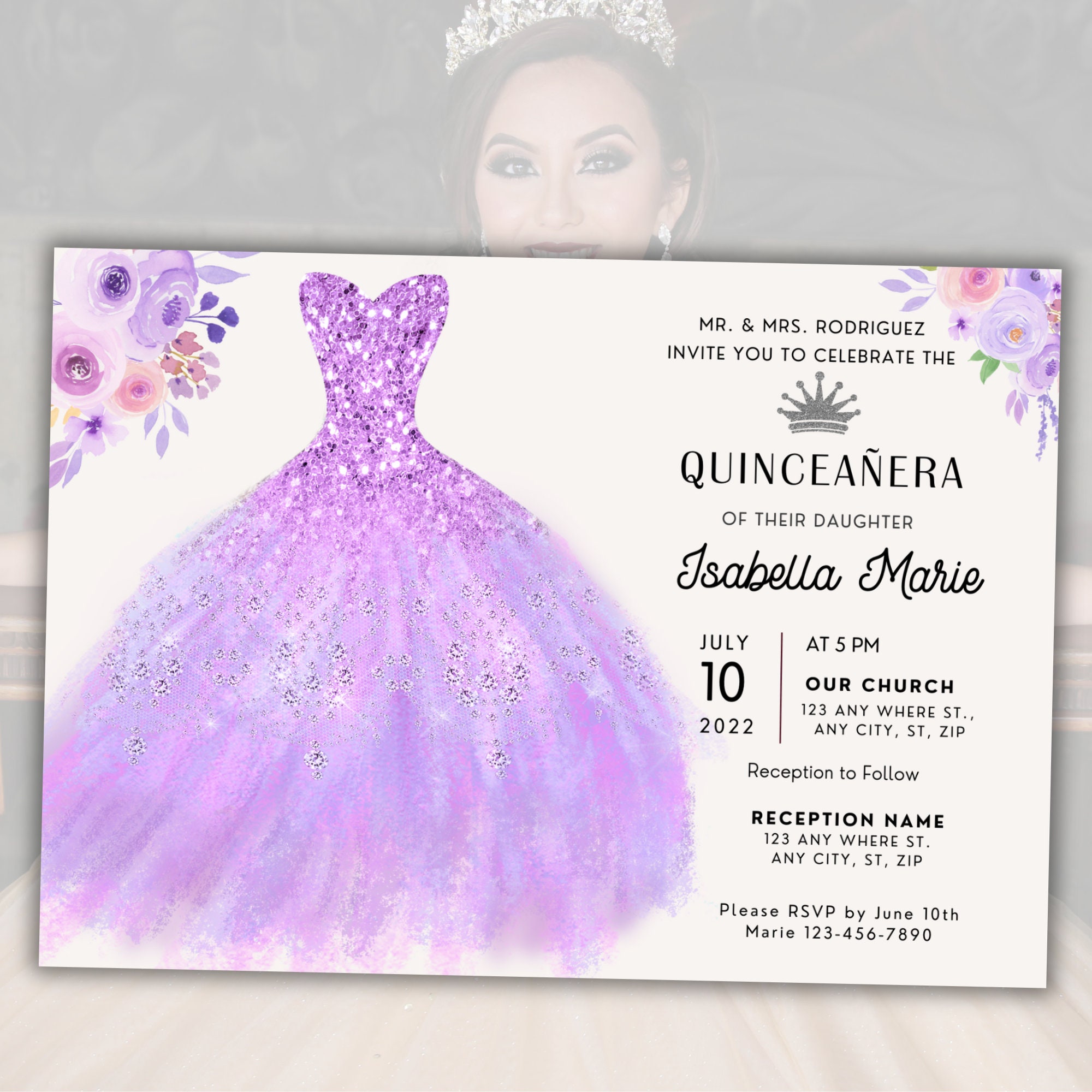 Editable Quinceanera Invitation Template With Purple Dress Lilac ...