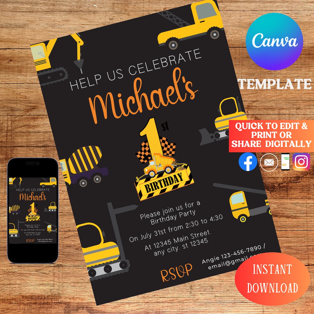 Excavator Birthday Invitation: Construction Theme, DIY Template - Etsy