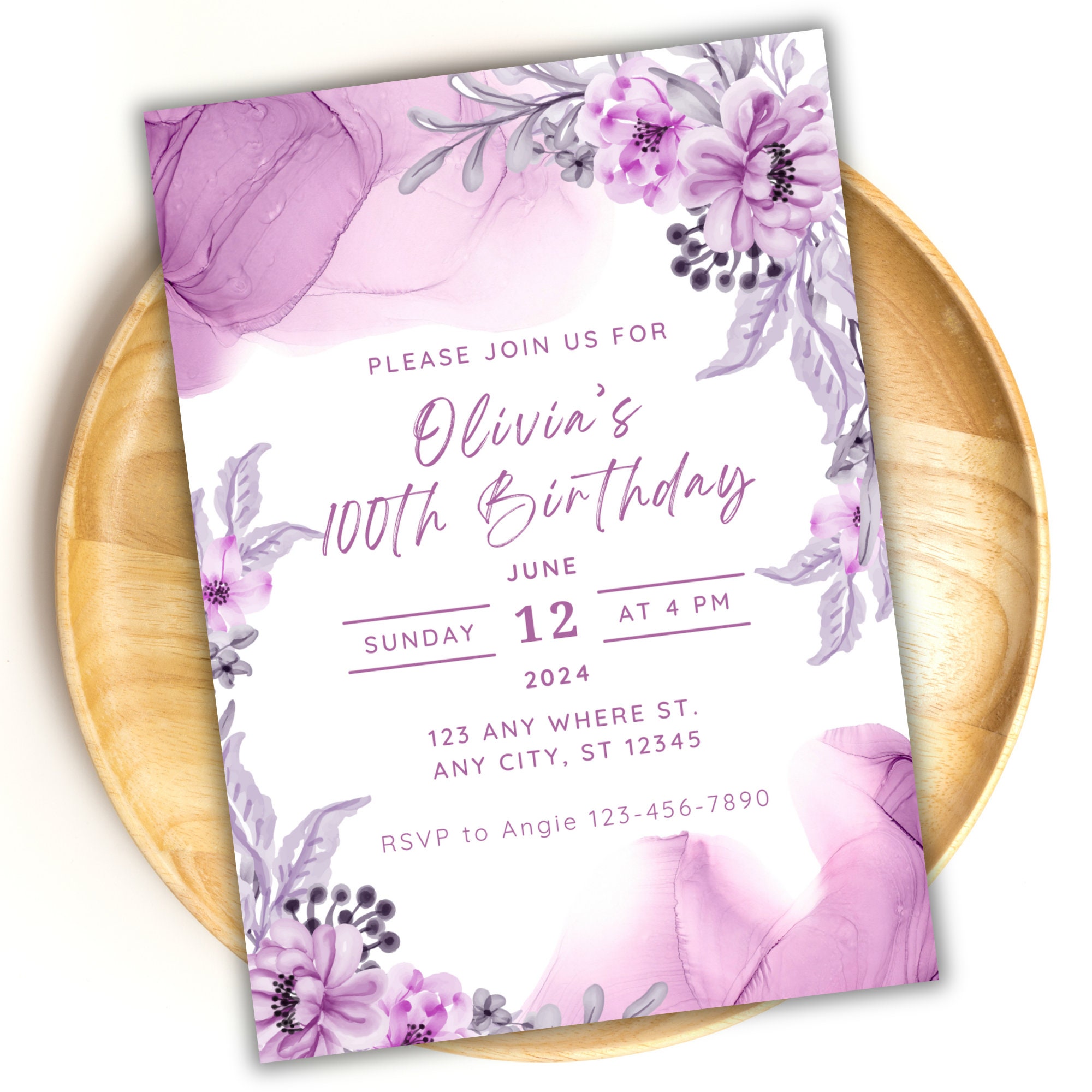 100th Birthday Party Invitation Template With Purple Flowers | 100 ...