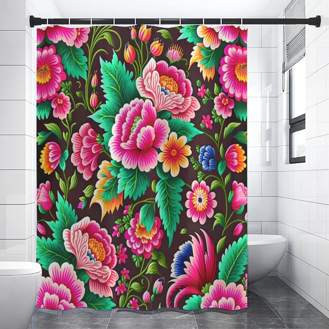 Vibrant Pink and Black Floral Shower Curtain - Etsy