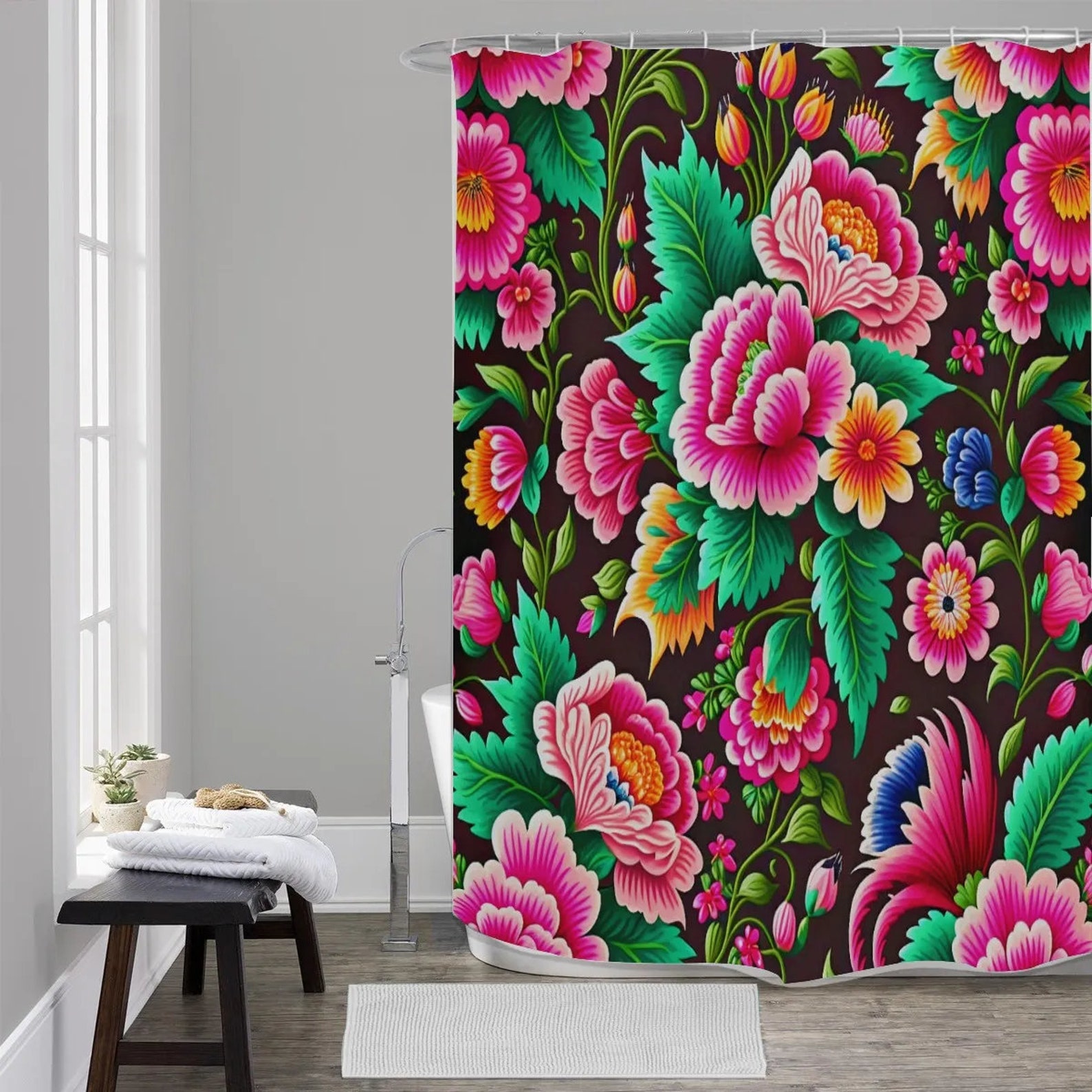 Vibrant Pink and Black Floral Shower Curtain - Etsy