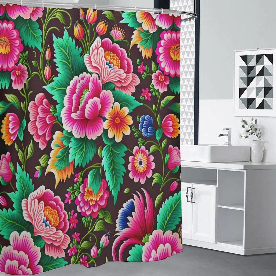 Vibrant Pink and Black Floral Shower Curtain - Etsy