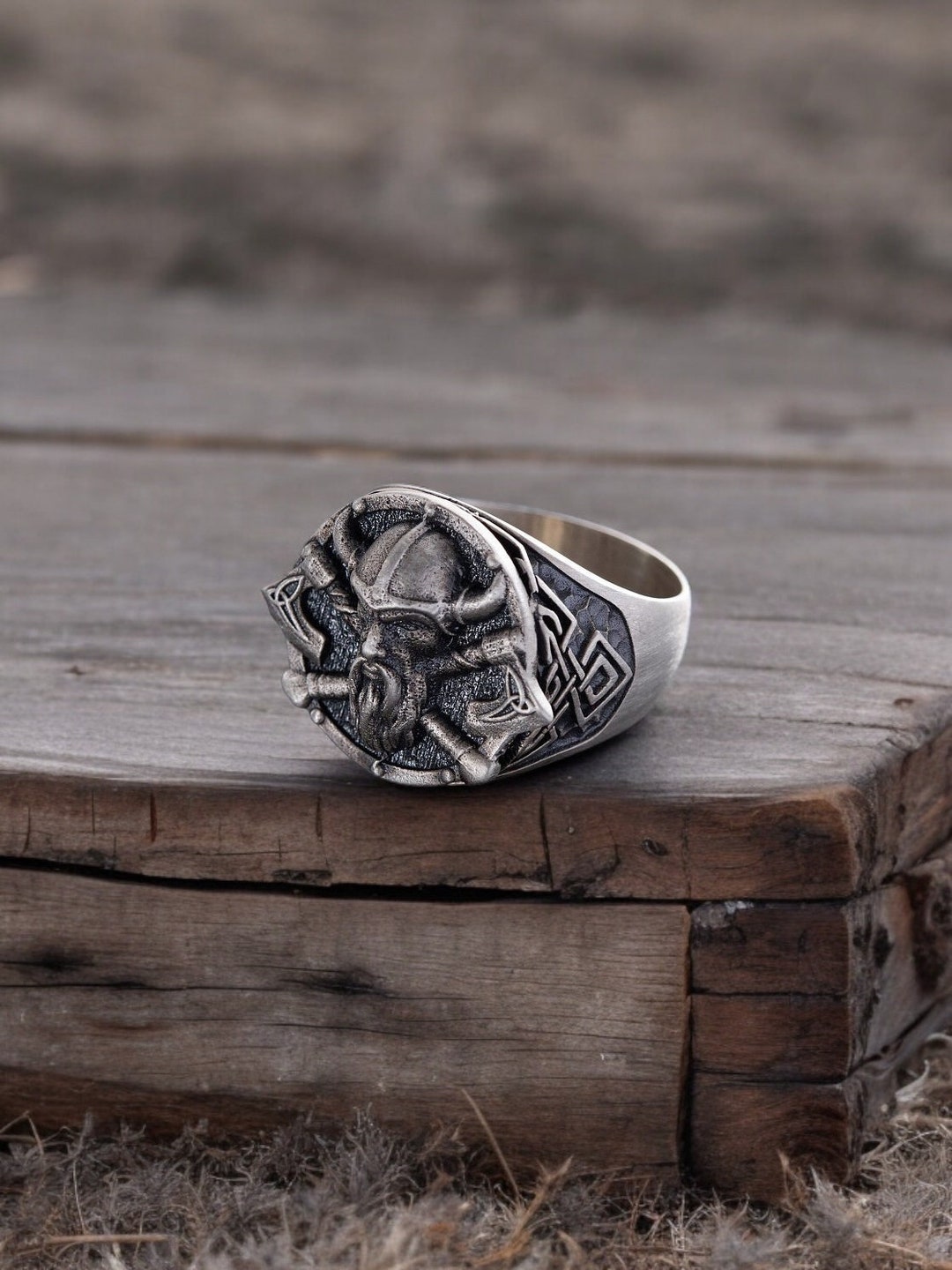 Men's Viking Head and Axes Ring - Handcrafted 925 Sterling Silver Norse ...