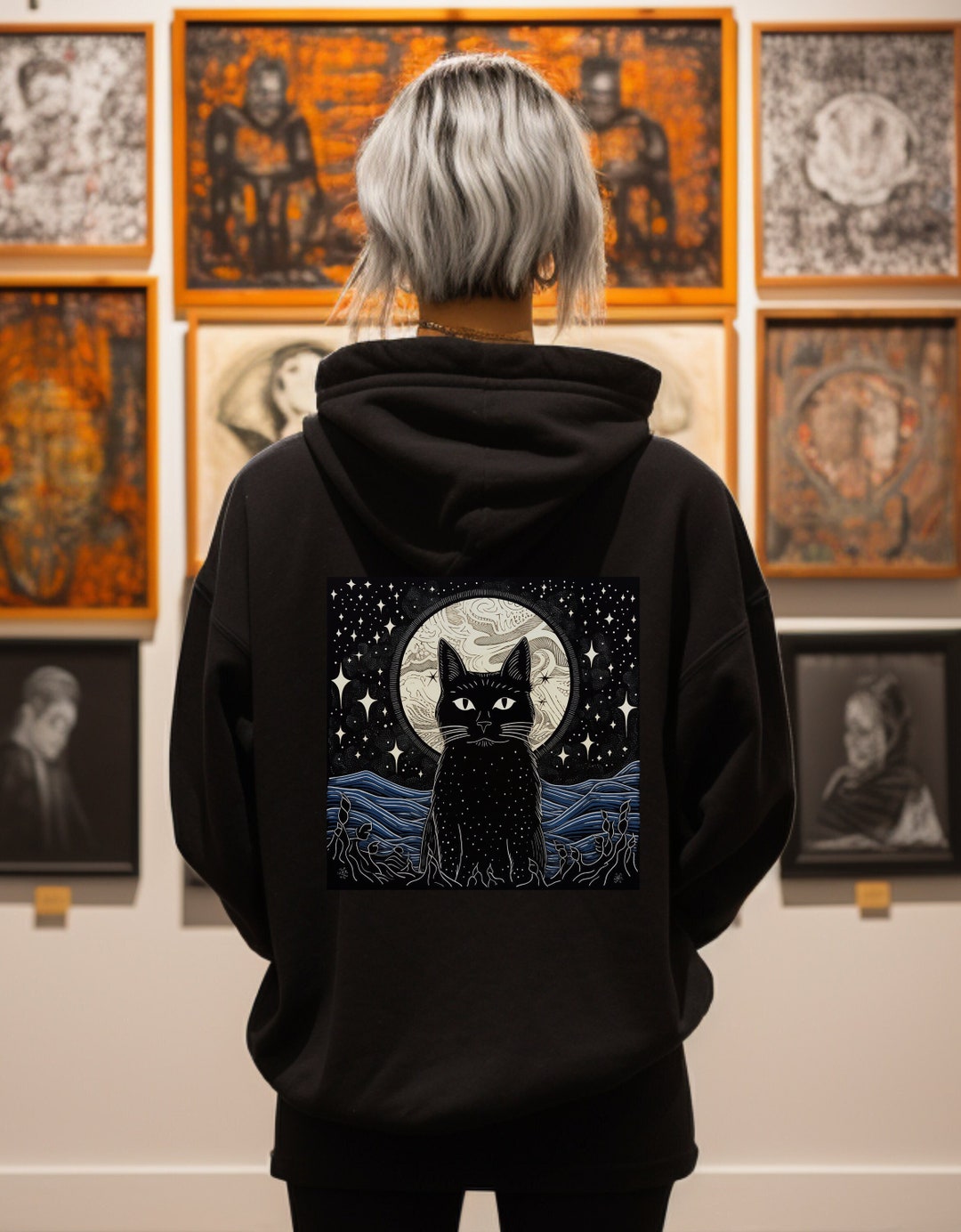 Gothic Cat Linocut Style Unisex Black Sweatshirt Gift for Goth Witchy ...