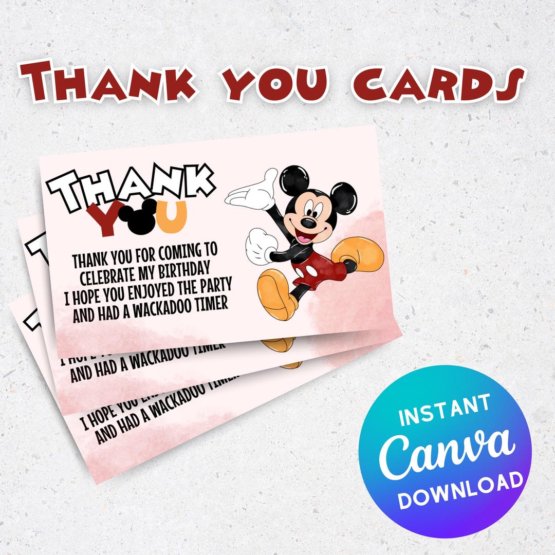 Editable Mickey Mouse Instant Download Thank You Card, Mickey Mouse ...