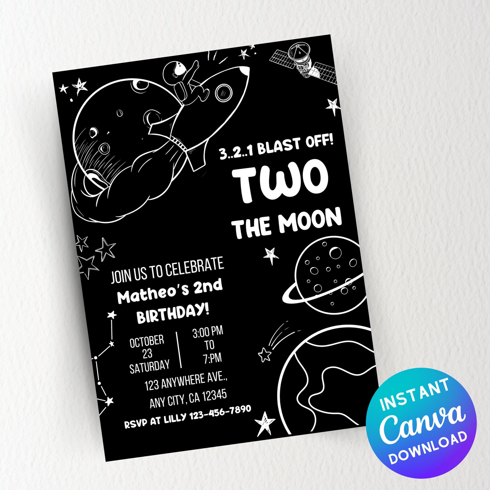 Two the Moon Invitation 2nd Birthday Party Astronaut Second Birthday ...