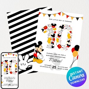 Editable Mickey 10th Birthday Invitation Canva Template, Printable ...