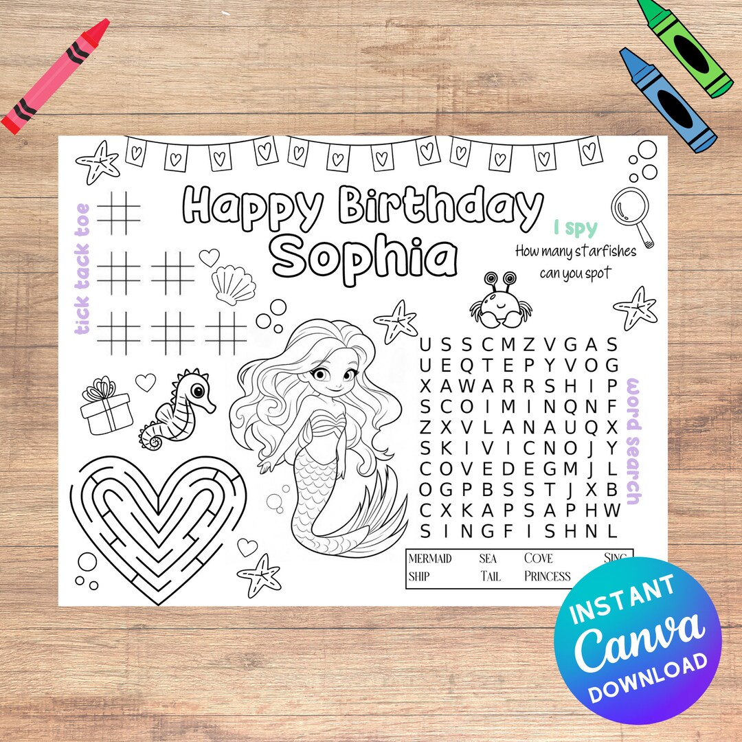 Mermaid Birthday Party Coloring Sheet | Mermaid | Mermaid Favor | Kids ...