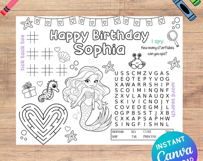 Mermaid Birthday Party Coloring Sheet | Mermaid | Mermaid Favor | Kids ...