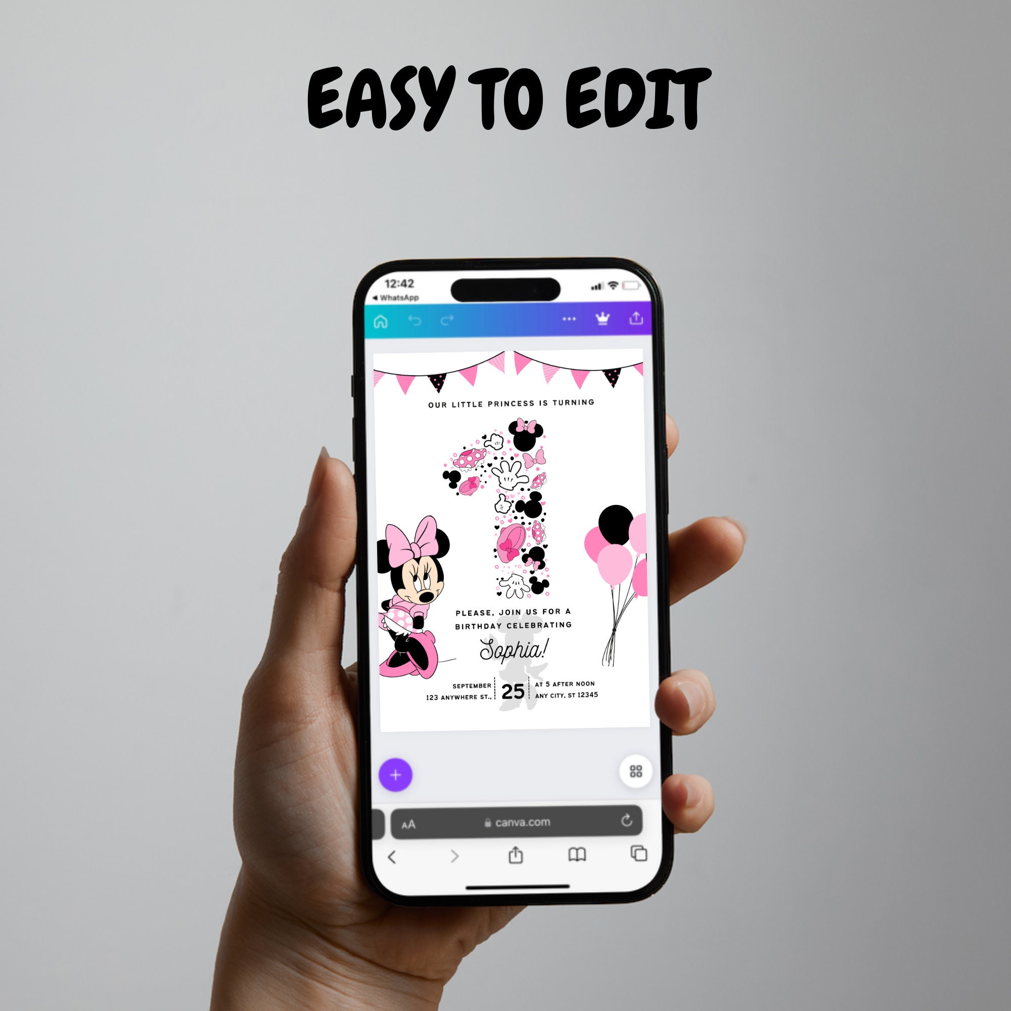 Editable Minnie Mouse One Invitation, Minny Mouse Birthday Party, Cute ...