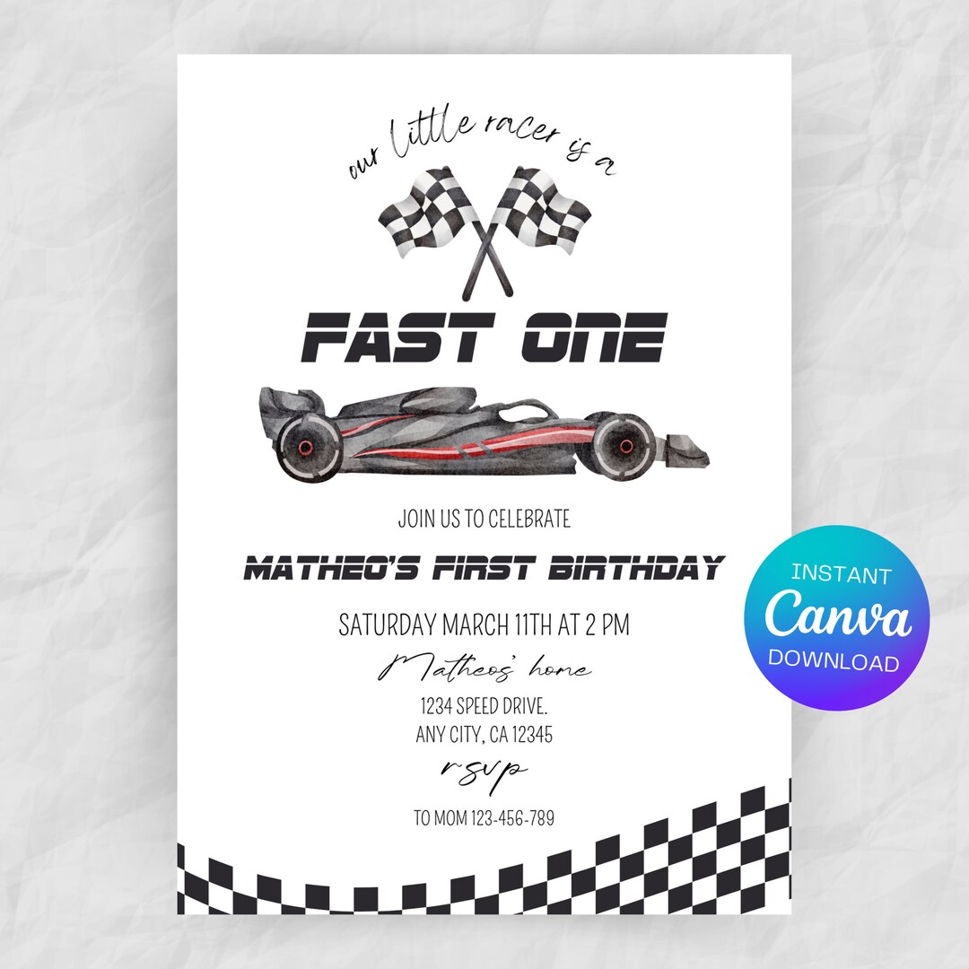 Fast One Racing Car First Birthday Invitation for Vintage Race Car 1st ...