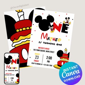 Editable Mickey 1st Birthday Invitation Canva Template, Printable ...