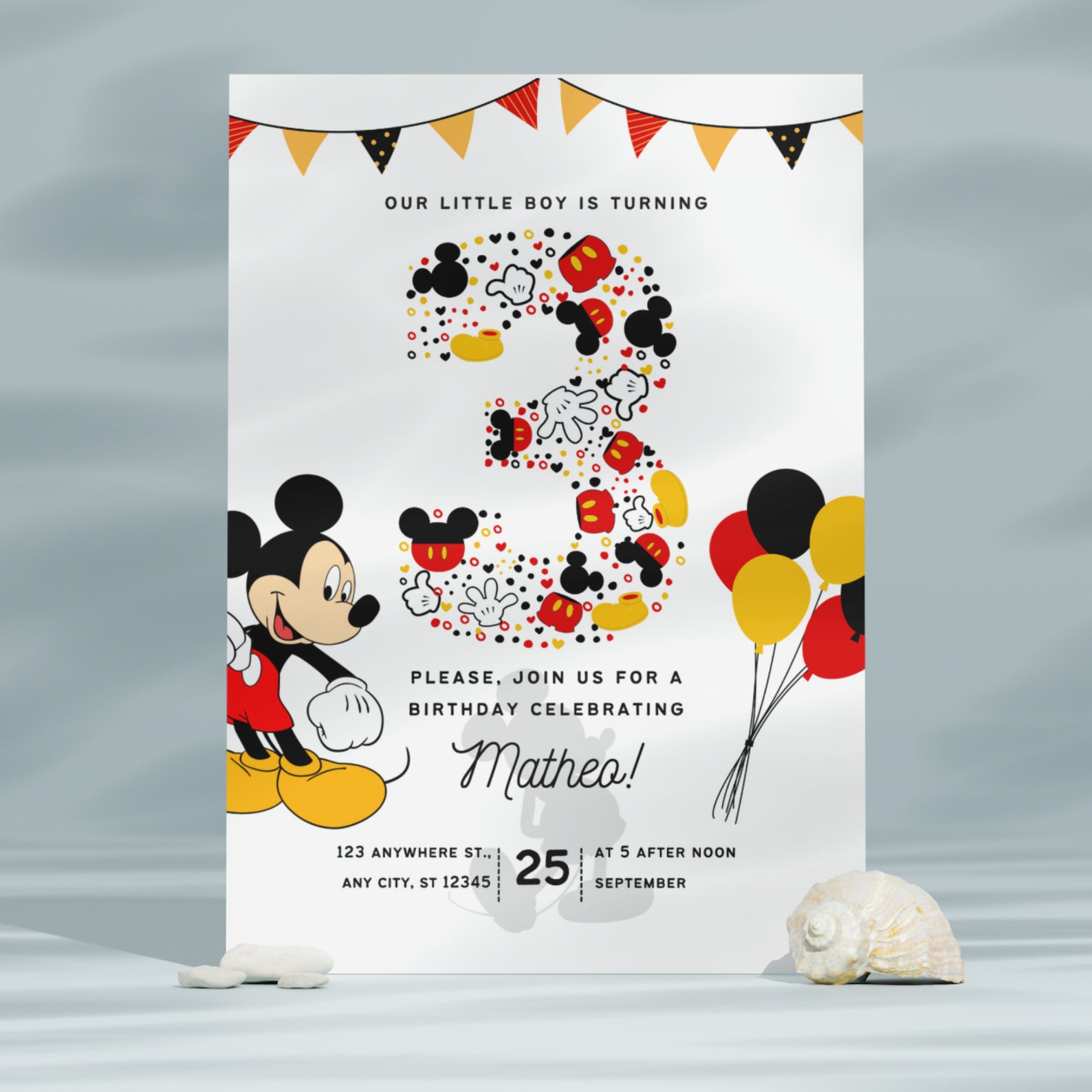 Editable Mickey 3rd Birthday Invitation Canva Template, Printable ...