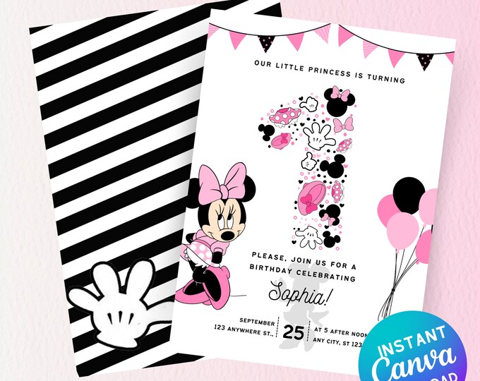 Editable Minnie Mouse One Invitation, Minny Mouse Birthday Party, Cute ...
