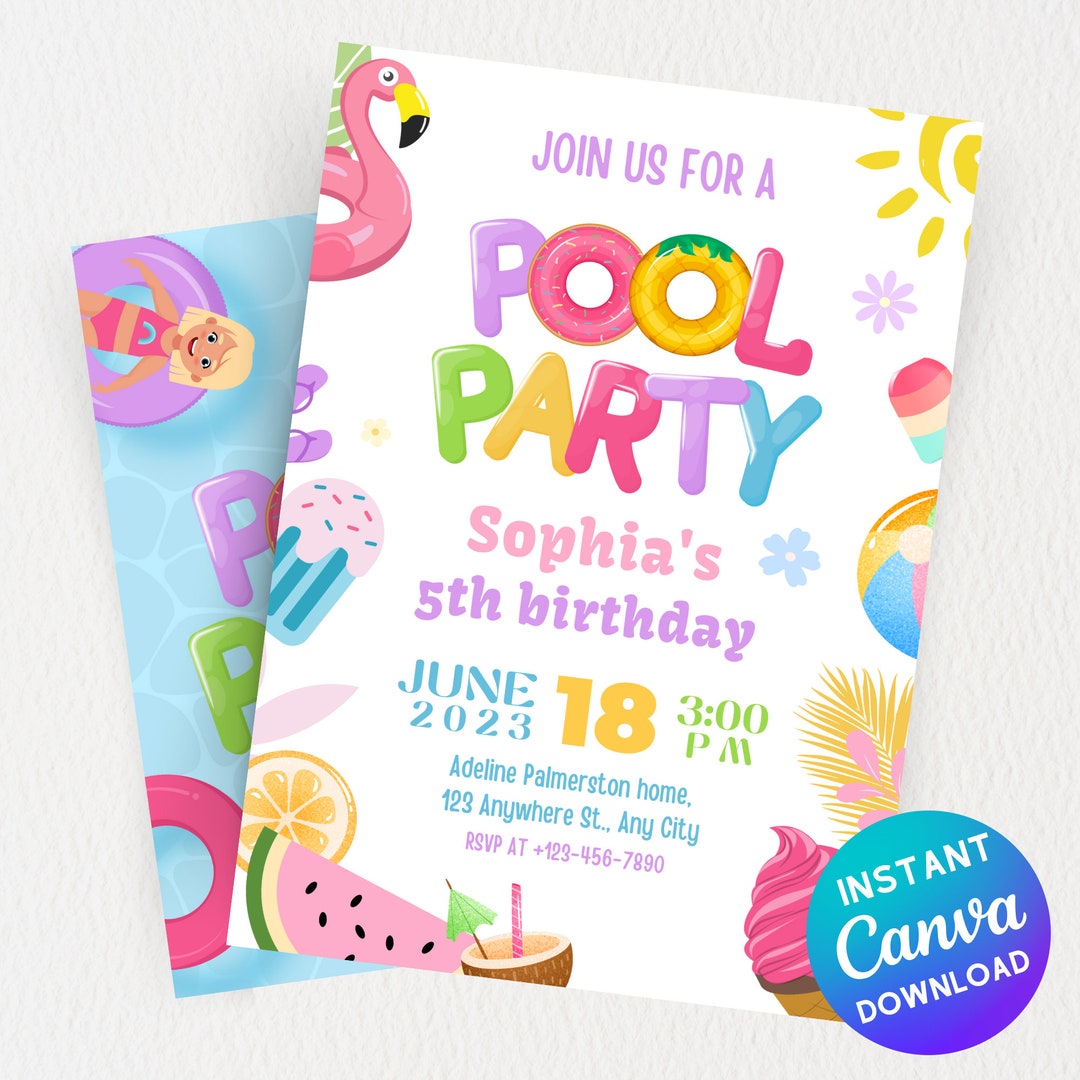 Editable Pool Party Invitation, Glow Water Park Invite, Tropical Neon ...