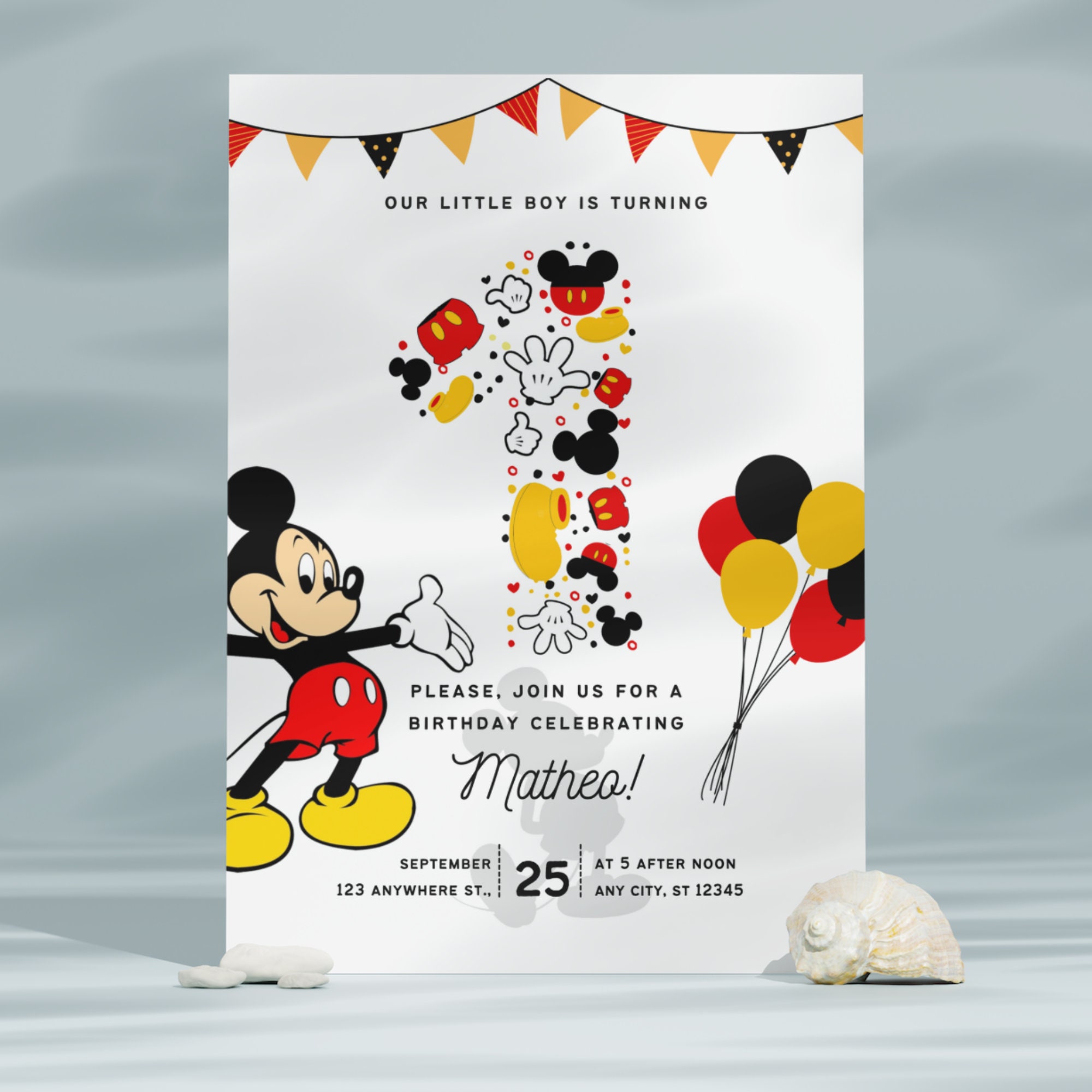 Editable Mickey 1st Birthday Invitation Canva Template, Printable ...